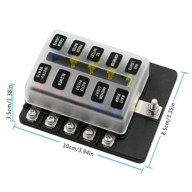 10-Way Fuse Box Blade Fuse Holder 5A 10A 15A 20A Fuses LED Indicator ...