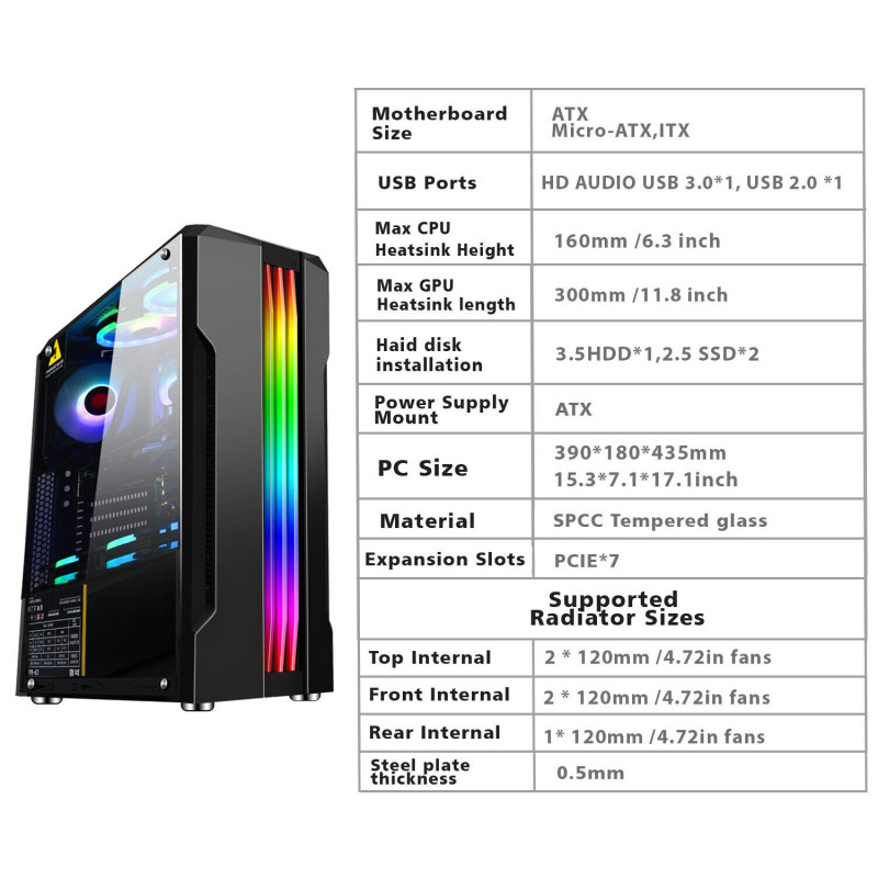 Black RGB light PC Case ATX M-ATX Mid-Tower Gaming Computer Case ...